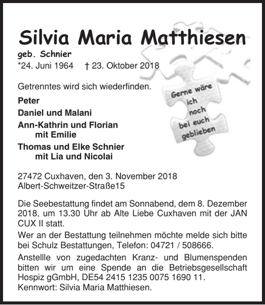 Silvia Maria Matthiesen: Traueranzeige : Cuxhavener Nachrichten