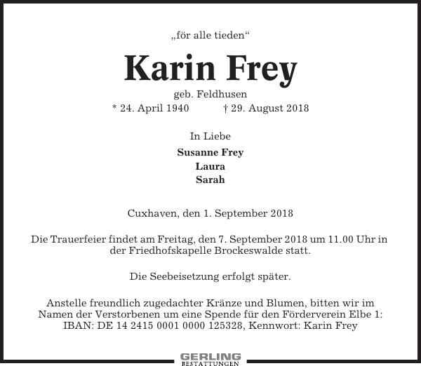 Karin Frey : Traueranzeige : Cuxhavener Nachrichten