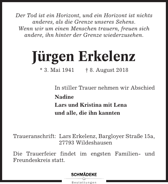Jürgen Erkelenz: Traueranzeige : Cuxhavener Nachrichten