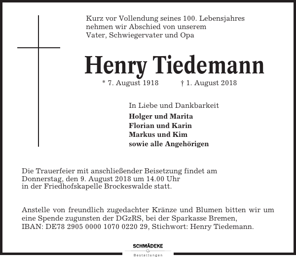 Henry Tiedemann: Traueranzeige : Cuxhavener Nachrichten