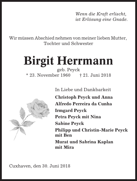 Birgit Hermann: Traueranzeige : Cuxhavener Nachrichten