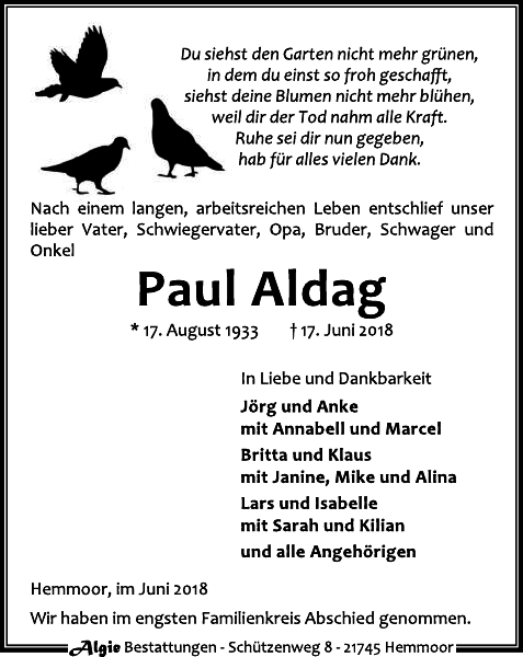 Paul Aldag: Traueranzeige : Cuxhavener Nachrichten