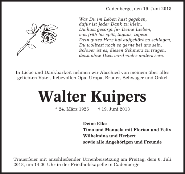 Walter Kuipers : Traueranzeige : Cuxhavener Nachrichten