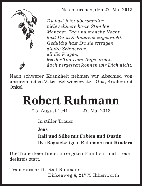 Robert Ruhmann: Traueranzeige : Cuxhavener Nachrichten