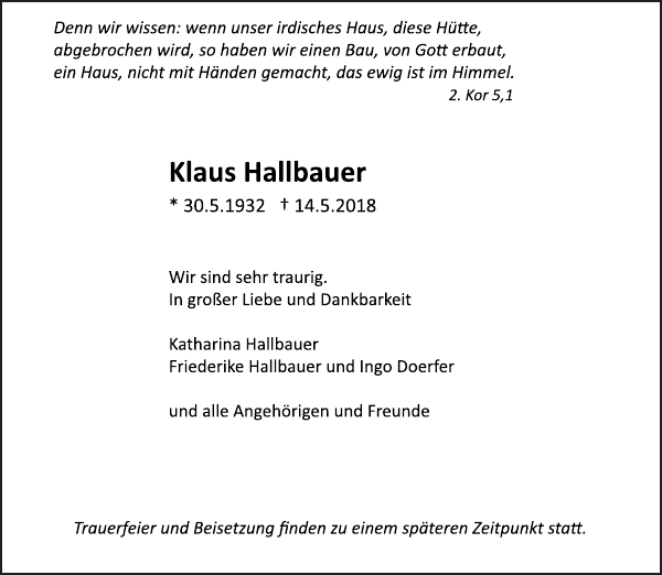 Klaus Hallbauer : Traueranzeige : Cuxhavener Nachrichten
