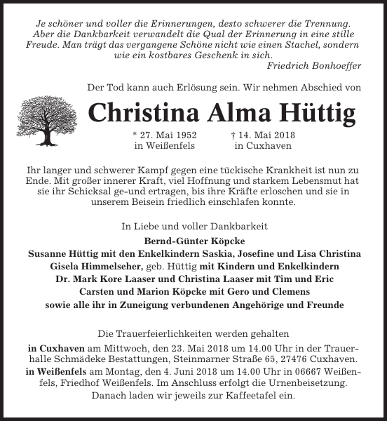 Christina Alma Hüttig: Traueranzeige : Cuxhavener Nachrichten