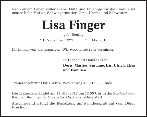 Lisa Finger: Traueranzeige : Cuxhavener Nachrichten