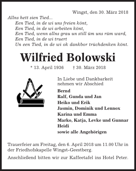 Wilfried Bolowski: Traueranzeige : Cuxhavener Nachrichten