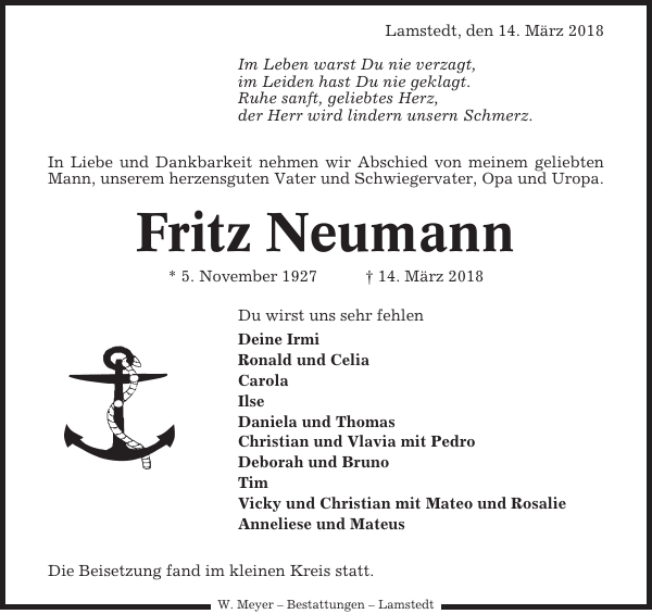 Fritz Neumann: Traueranzeige : Cuxhavener Nachrichten