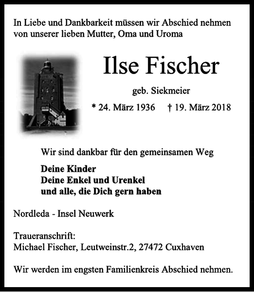 Ilse Fischer : Traueranzeige : Cuxhavener Nachrichten