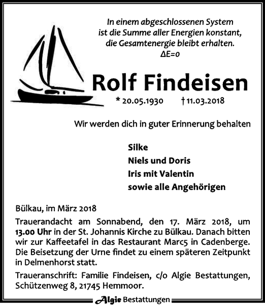 Rolf Findeisen Traueranzeige Cuxhavener Nachrichten 