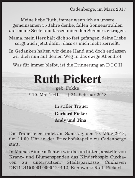 Ruth Pickert: Traueranzeige : Cuxhavener Nachrichten