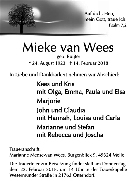 Mieke van Wees: Traueranzeige : Cuxhavener Nachrichten