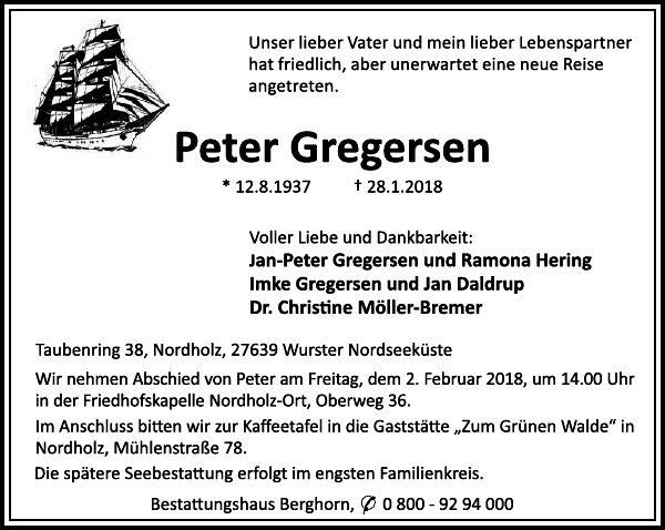 Peter Gregersen : Traueranzeige : Cuxhavener Nachrichten