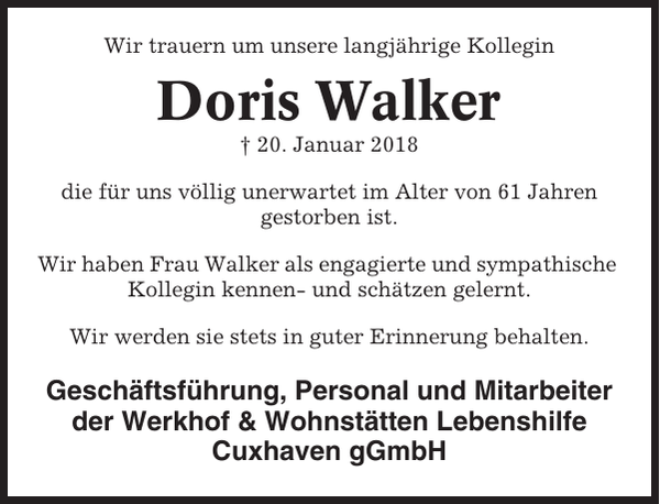 Doris Walker: Traueranzeige : Cuxhavener Nachrichten