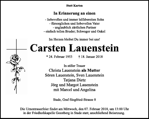 Lauenstein: Traueranzeige : Cuxhavener Nachrichten