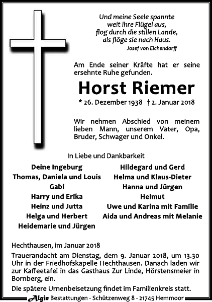 Horst Riemer: Traueranzeige : Cuxhavener Nachrichten