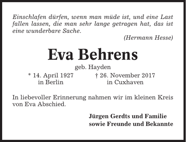 Eva Behrens: Traueranzeige : Cuxhavener Nachrichten