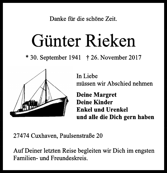 Günter Rieken: Traueranzeige : Cuxhavener Nachrichten