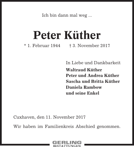 Peter Küther: Traueranzeige : Cuxhavener Nachrichten