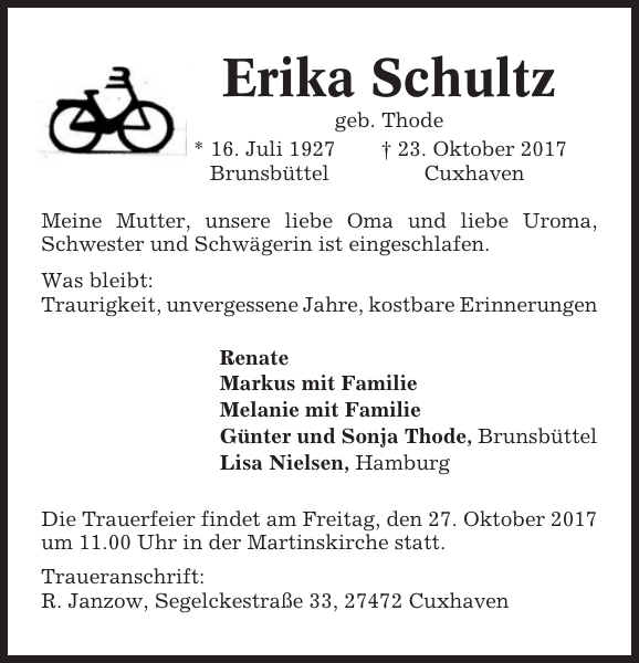 Erika Schultz: Traueranzeige : Cuxhavener Nachrichten