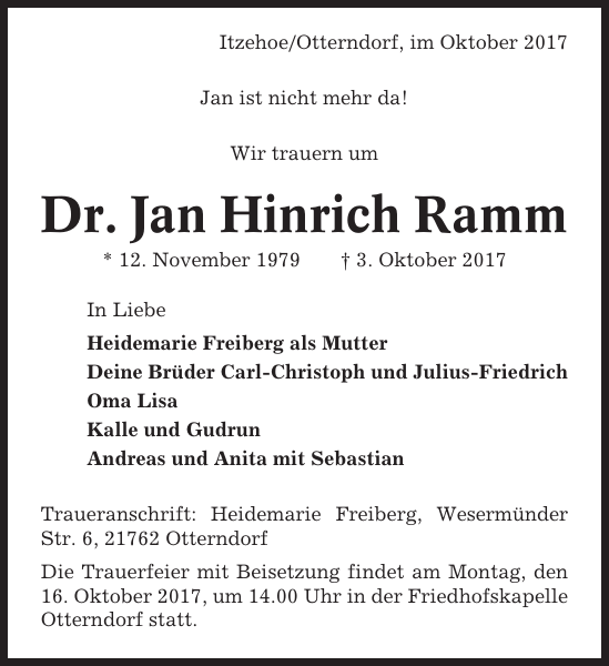 Dr. Jan Hinrich Ramm: Traueranzeige : Cuxhavener Nachrichten
