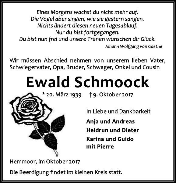 Ewald Schmoock: Traueranzeige : Cuxhavener Nachrichten