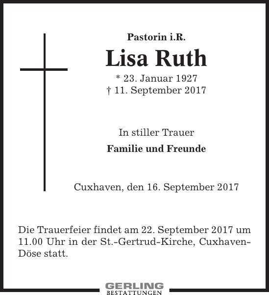 Lisa Ruth : Traueranzeige : Cuxhavener Nachrichten