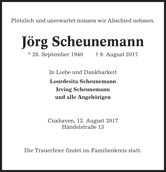 Jörg Scheunemann: Traueranzeige : Cuxhavener Nachrichten
