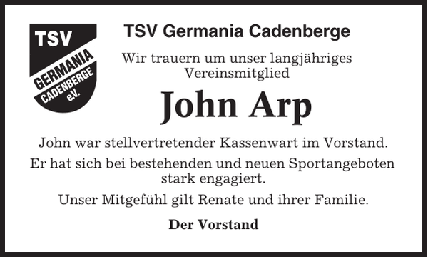 John Arp: Gedenken : Cuxhavener Nachrichten