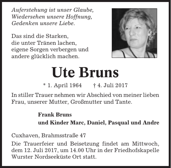 Ute Bruns: Traueranzeige : Cuxhavener Nachrichten