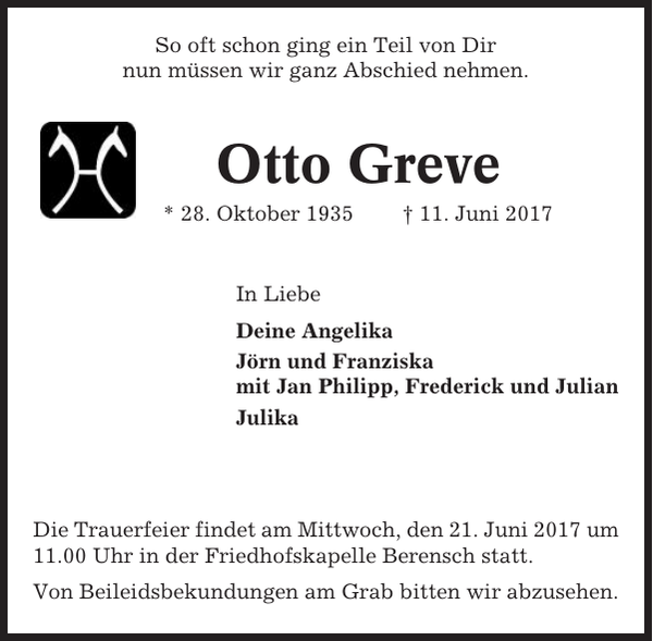 Otto Greve: Traueranzeige : Cuxhavener Nachrichten