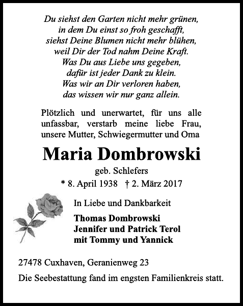 Maria Dombrowski: Traueranzeige : Cuxhavener Nachrichten