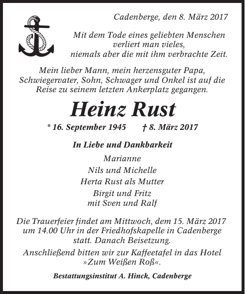 Heinz Rust: Traueranzeige : Cuxhavener Nachrichten