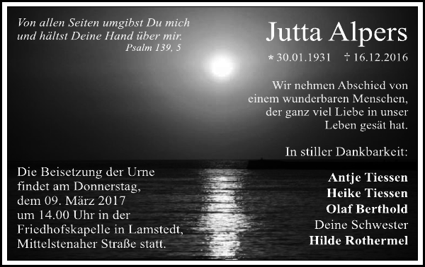 Jutta Alpers: Traueranzeige : Cuxhavener Nachrichten