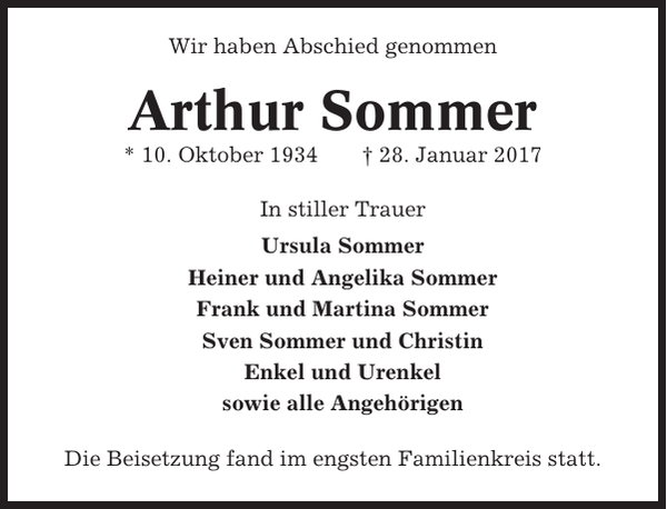 Arthur Sommer: Traueranzeige : Cuxhavener Nachrichten