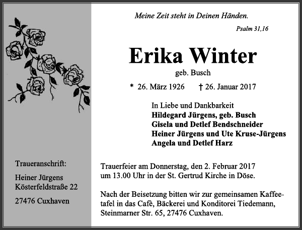 Erika Winter: Traueranzeige : Cuxhavener Nachrichten