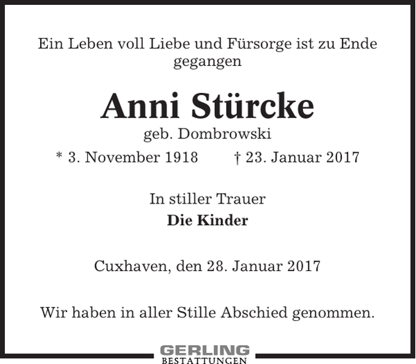 Anni Stürcke: Traueranzeige : Cuxhavener Nachrichten