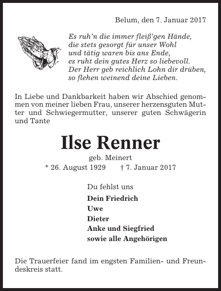Ilse Renner: Traueranzeige : Cuxhavener Nachrichten