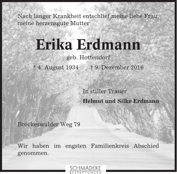Erika Erdmann: Traueranzeige : Cuxhavener Nachrichten
