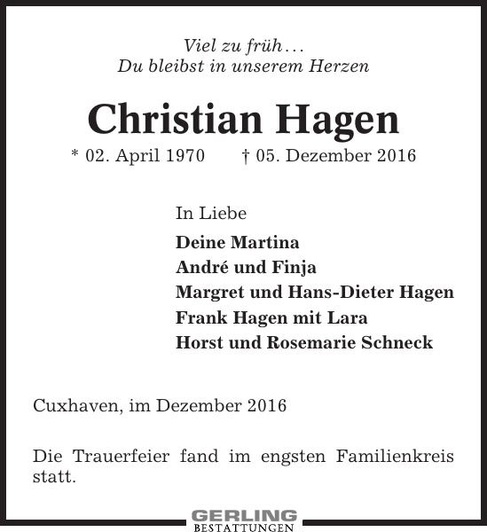 Christian Hagen: Traueranzeige : Cuxhavener Nachrichten