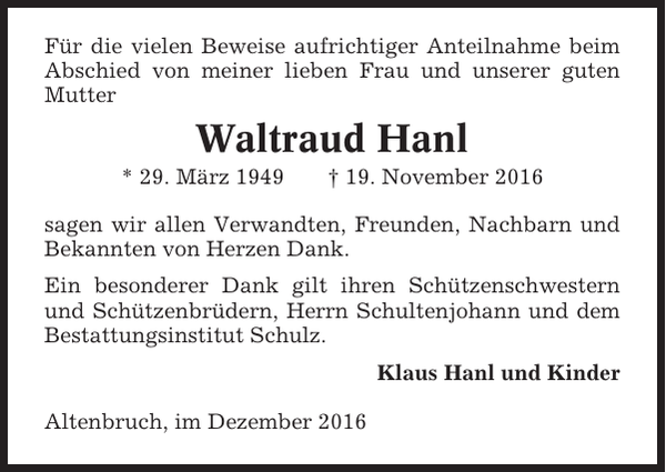 Waltraud Hanl : Danksagung : Cuxhavener Nachrichten