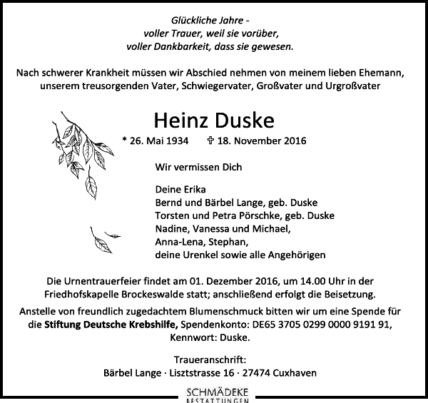 Heinz Duske: Traueranzeige : Cuxhavener Nachrichten