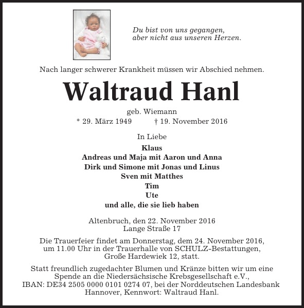 Waltraud Hanl: Traueranzeige : Cuxhavener Nachrichten