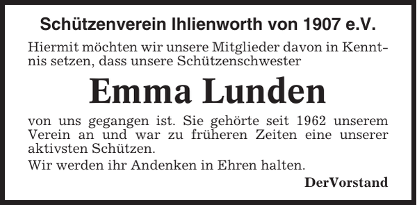 Emma Lunden: Gedenken : Cuxhavener Nachrichten