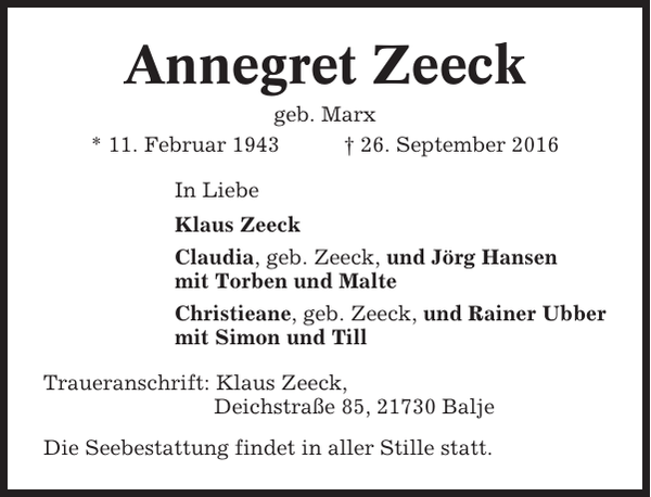 Annegret Zeeck: Traueranzeige : Cuxhavener Nachrichten