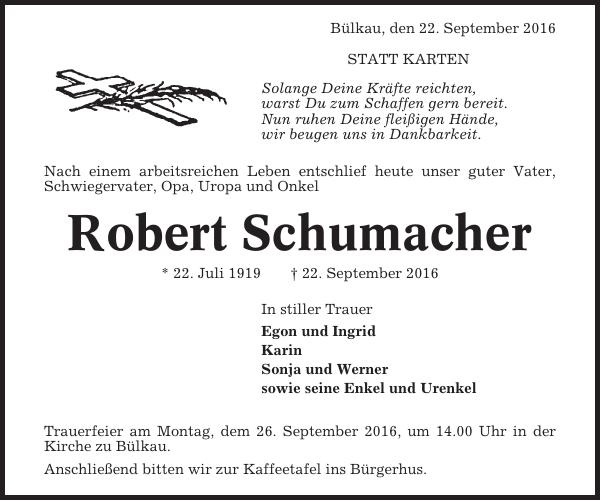 Robert Schumacher: Traueranzeige : Cuxhavener Nachrichten