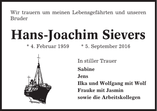 Hans-Joachim Sievers: Traueranzeige : Cuxhavener Nachrichten