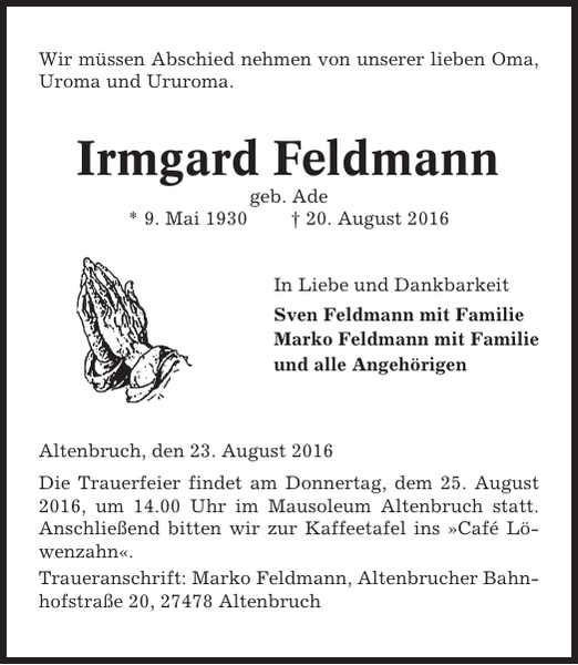 Irmgard Feldmann: Traueranzeige : Cuxhavener Nachrichten