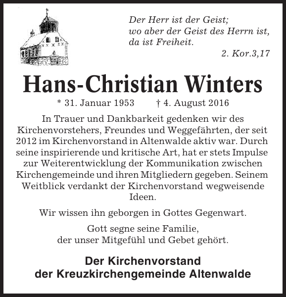 Hans-Christian Winters : Gedenken : Cuxhavener Nachrichten